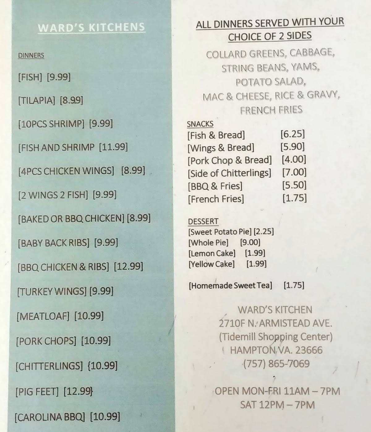 Menu at Ward's Soul Food Kitchen restaurant, Hampton