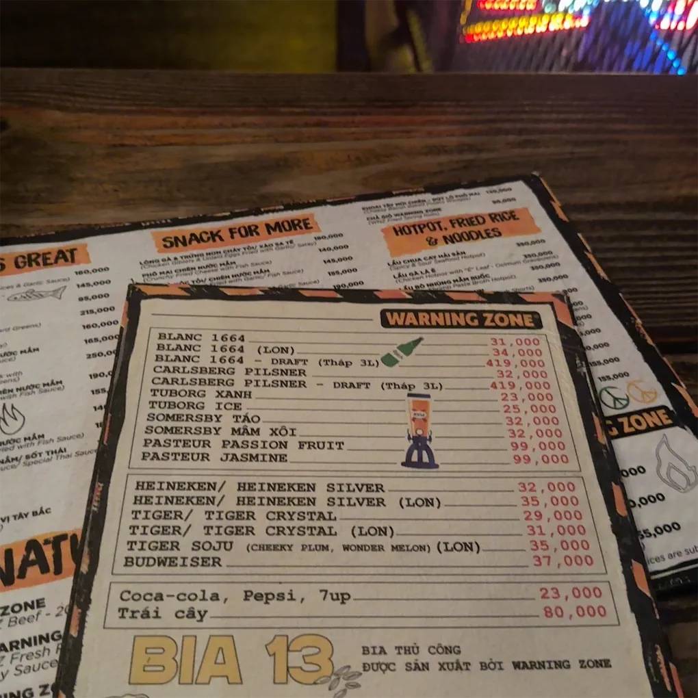 Menu at Warning Zone 173 restaurant, Ho Chi Minh City, 173 Hai Bà Trưng