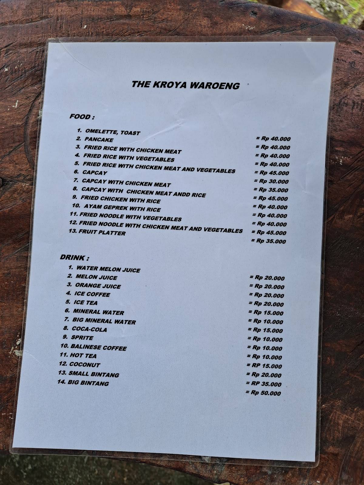 Menu at Warung The Kroya Panorama Points restaurant, Indonesia