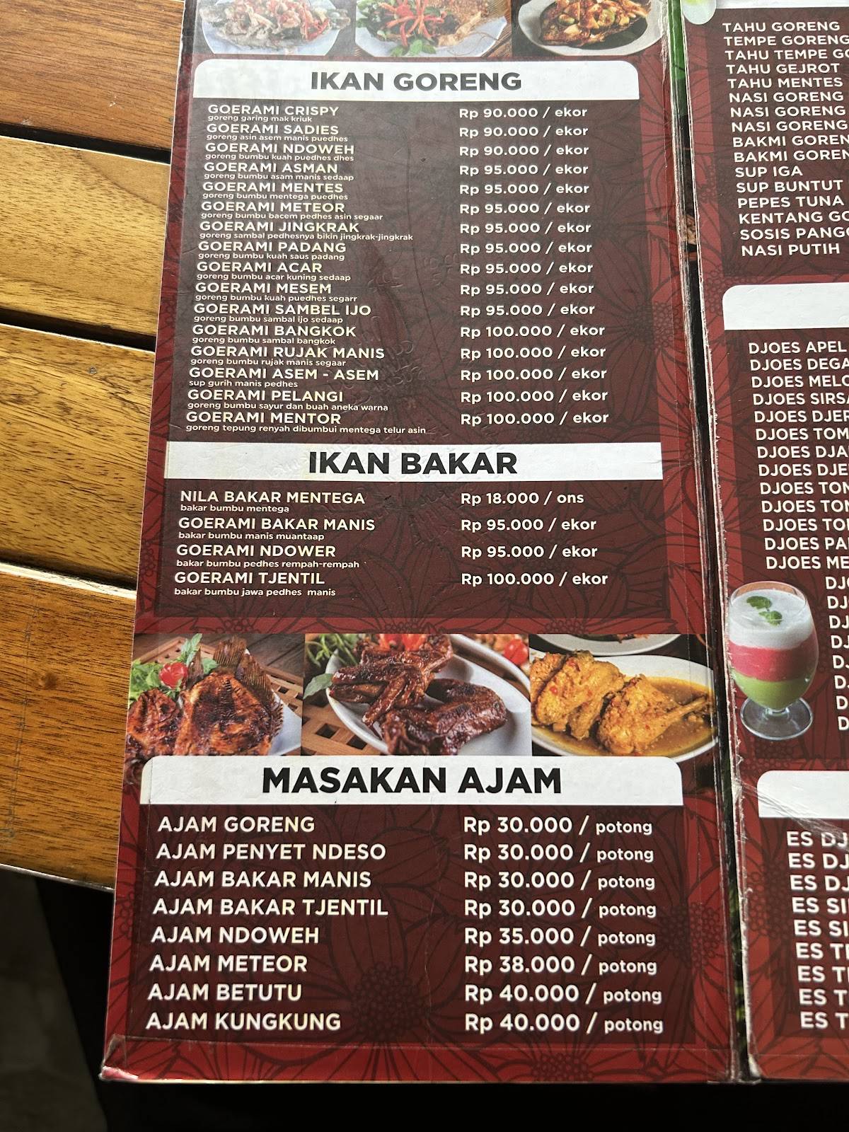 Menu at Warung Wareg restaurant, Malang, Jalan Raya Kepuharjo No.7