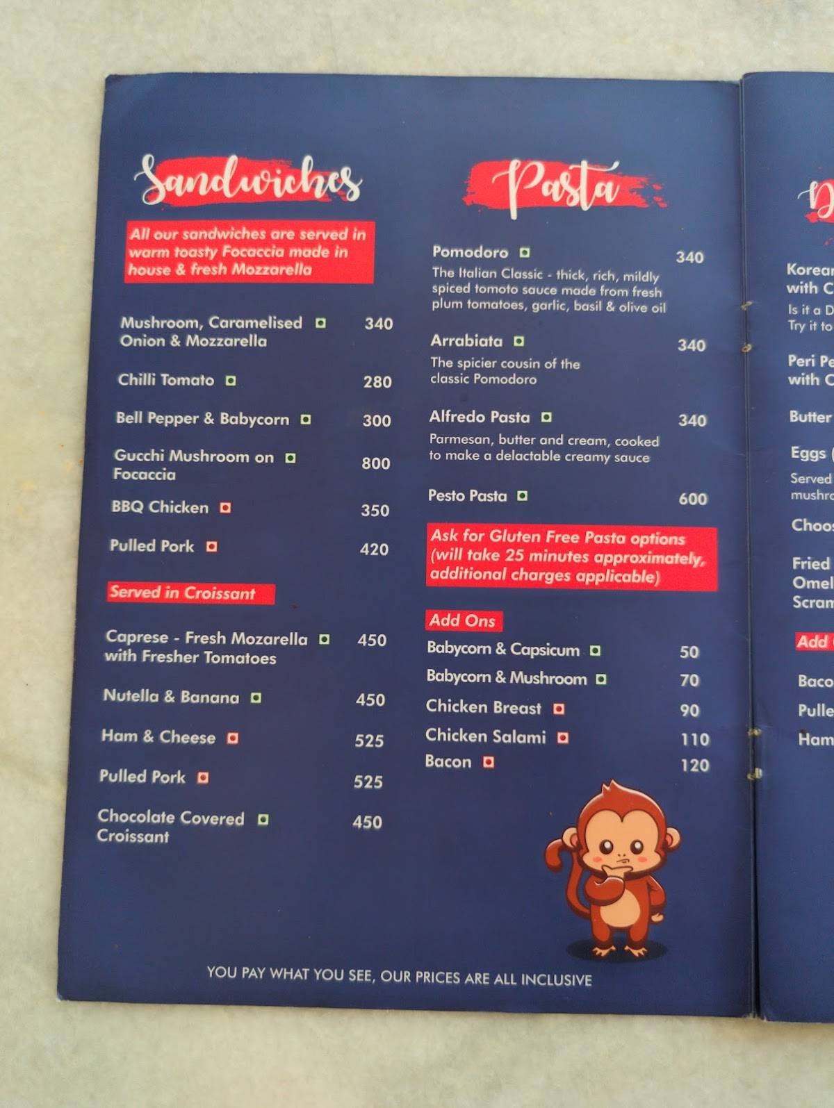 Menu at Water Monkey Cafe, Bengaluru