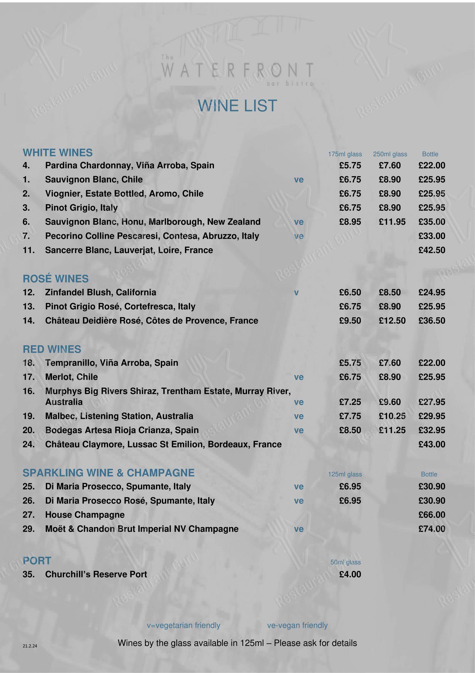Carta del pub y bar Waterfront Bistro Ipswich, Ipswich, 15 Regatta Quay