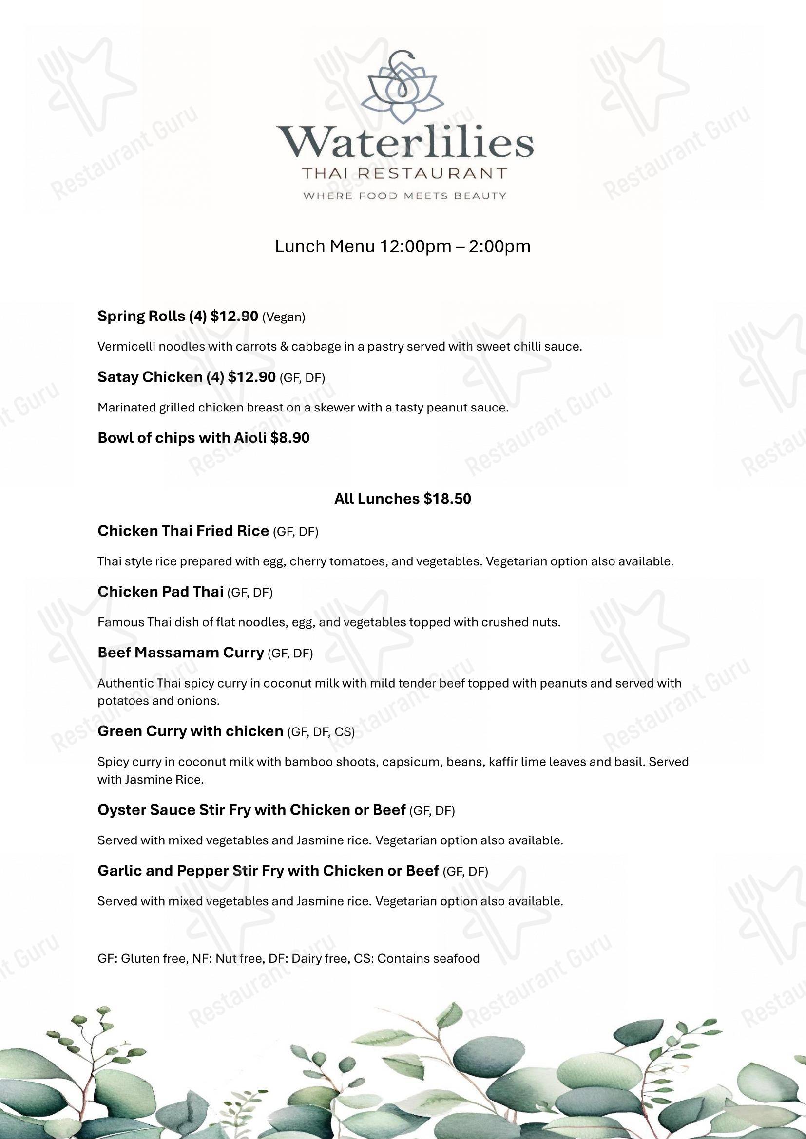 Menu at Waterlilies restaurant, Pelican Waters