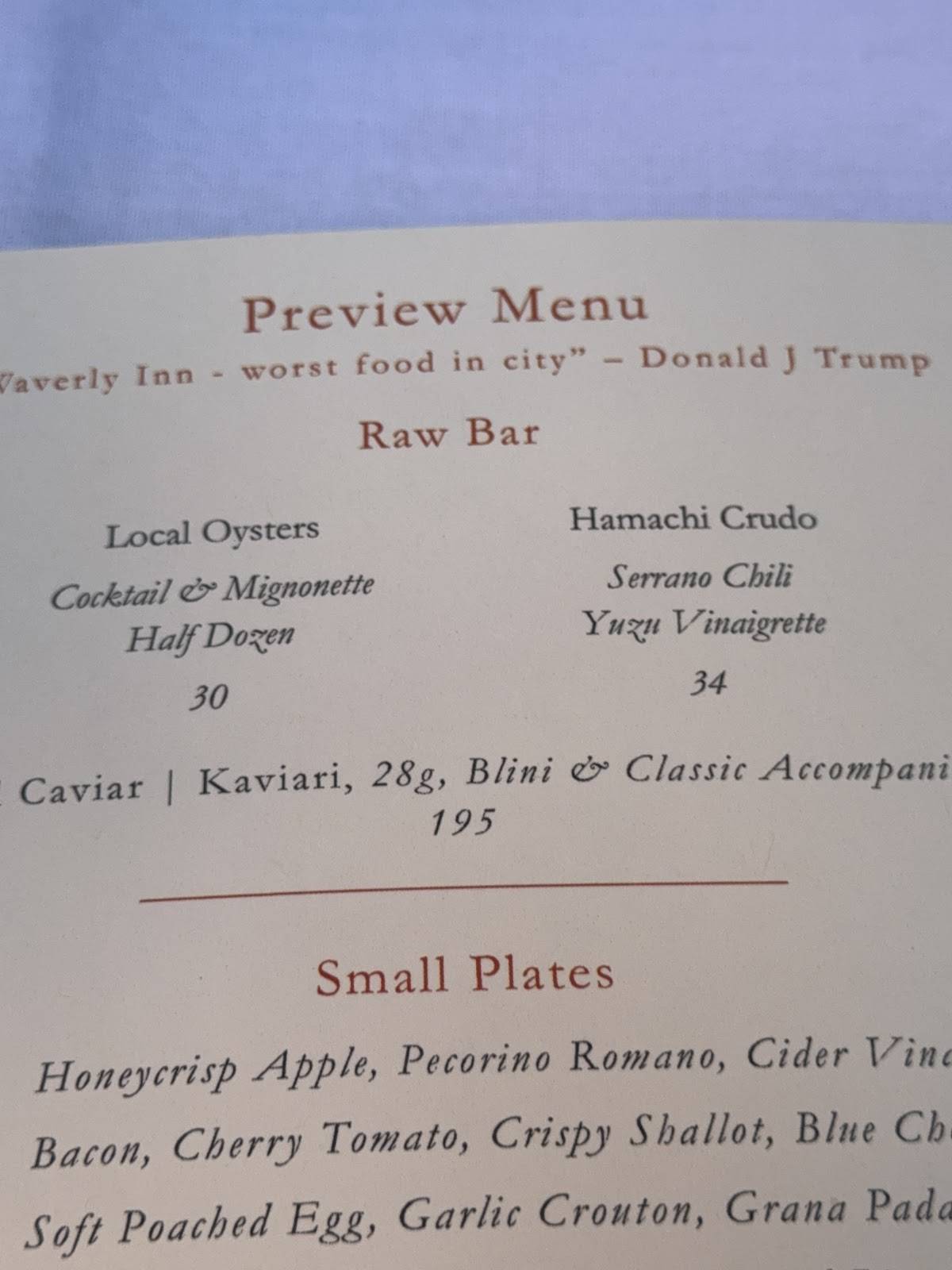 Menu at Waverly Inn restaurant, New York City