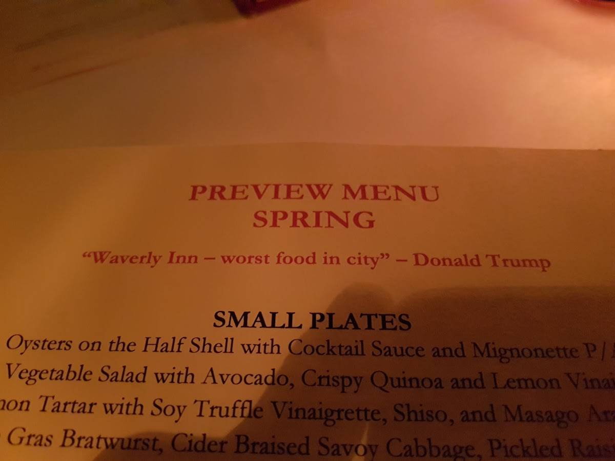 Menu at Waverly Inn restaurant, New York City
