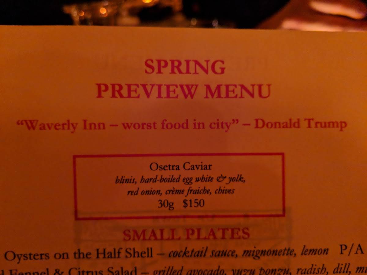 Menu at Waverly Inn restaurant, New York City