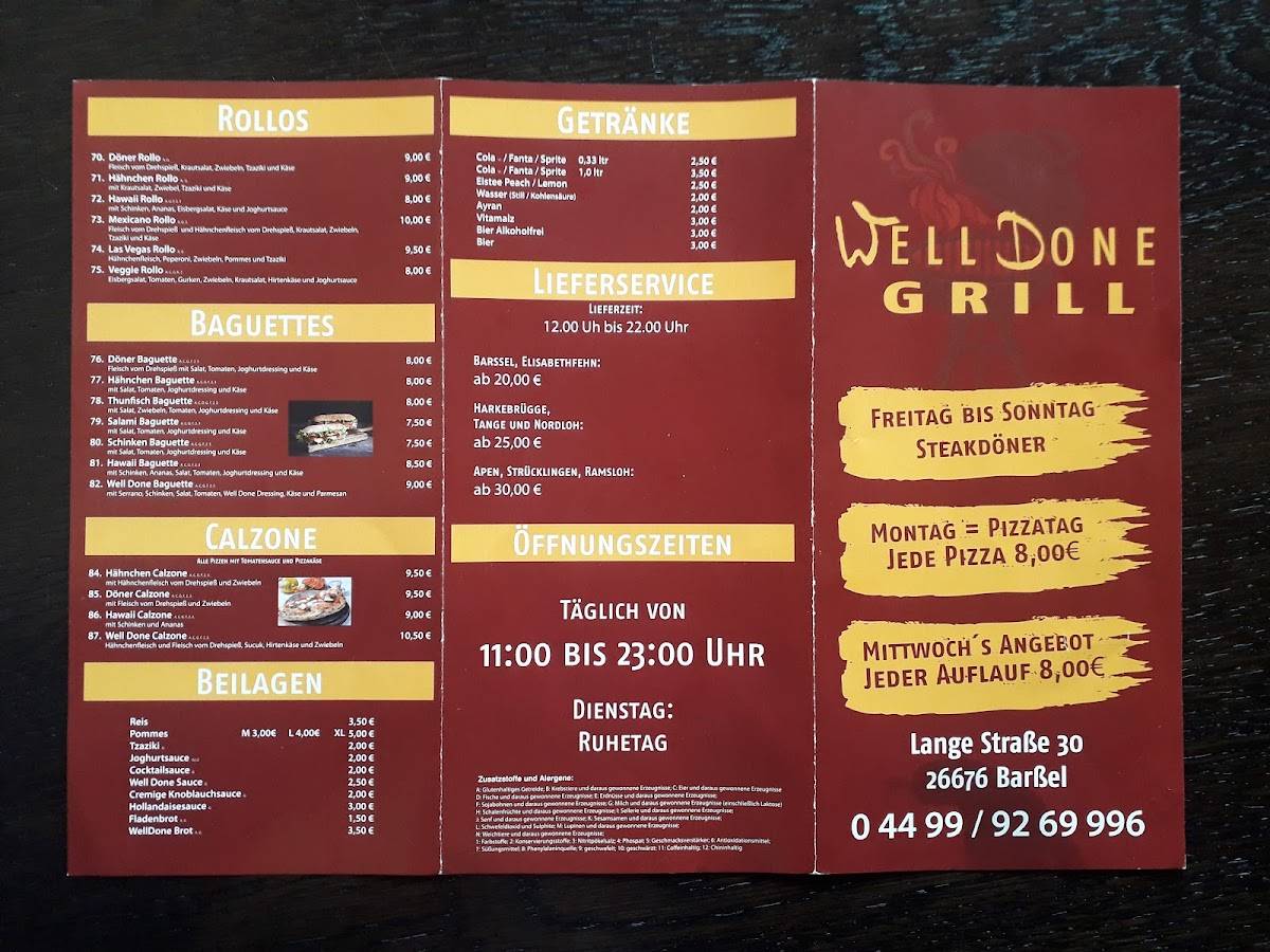 Speisekarte von Well Done Grill restaurant, Barßel