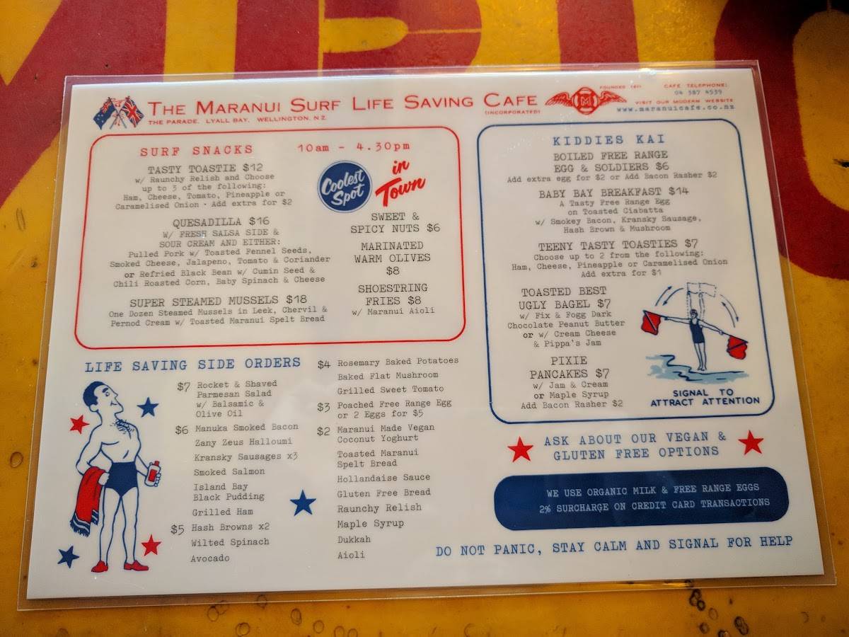 Menu at Maranui Cafe, Wellington