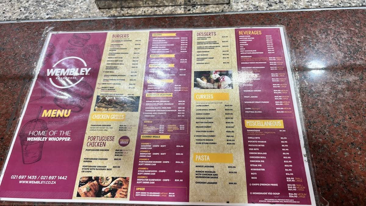 Menu at Wembley Roadhouse restaurant, Cape Town, Belgravia Rd