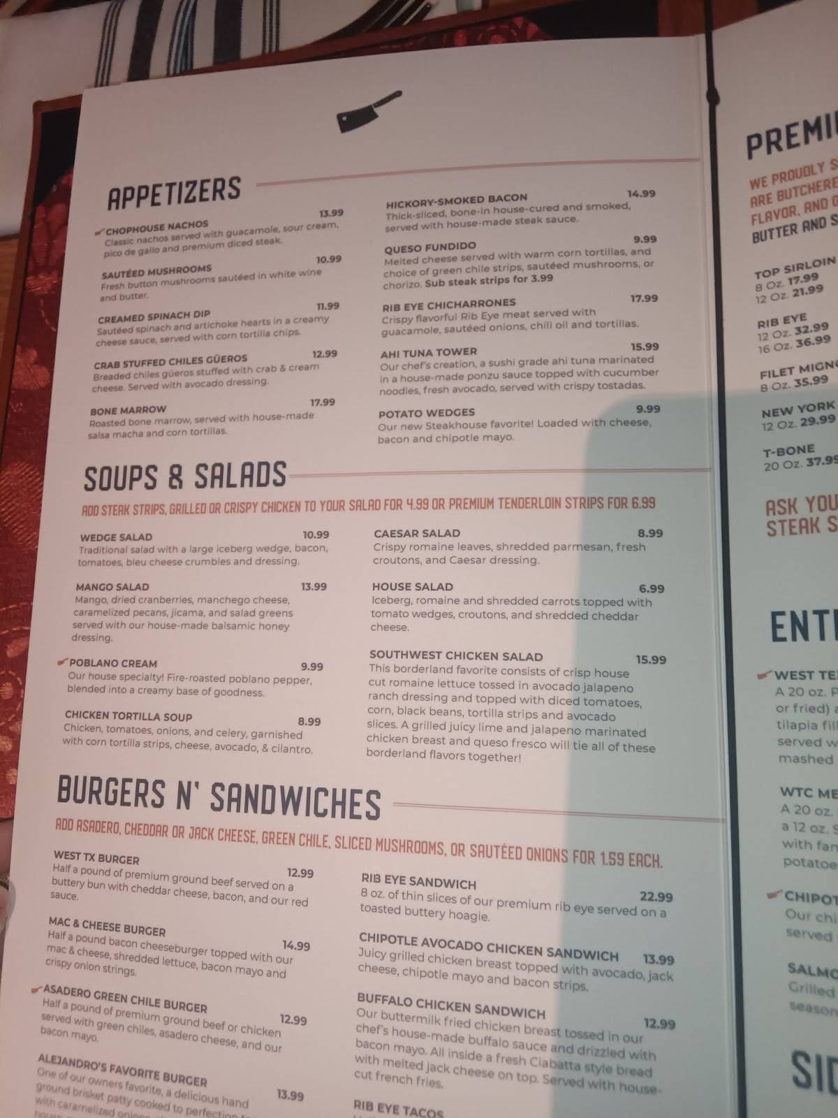 Menu at West Texas Chophouse Cimarron steakhouse, El Paso
