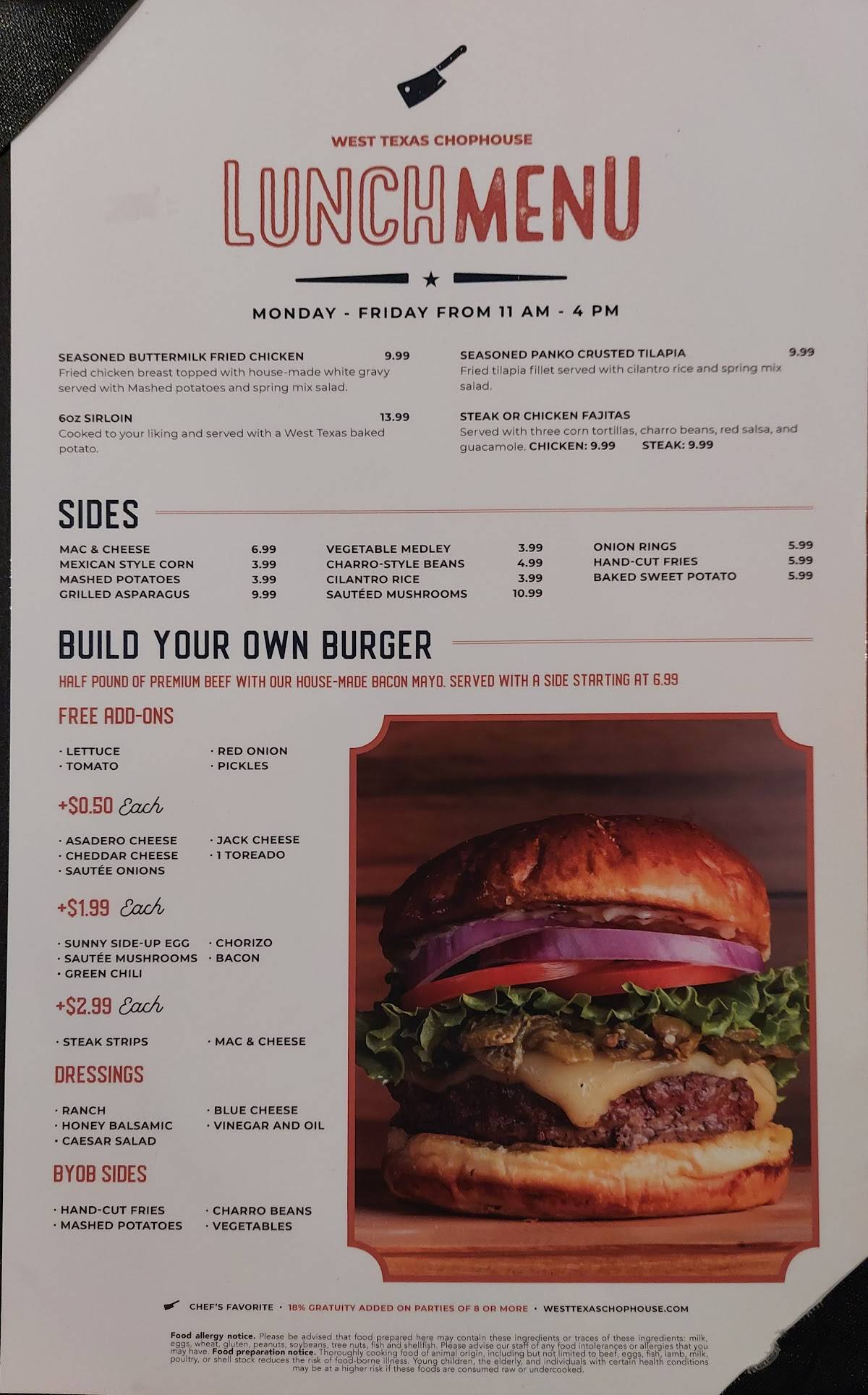 Menu at West Texas Chophouse steakhouse, El Paso