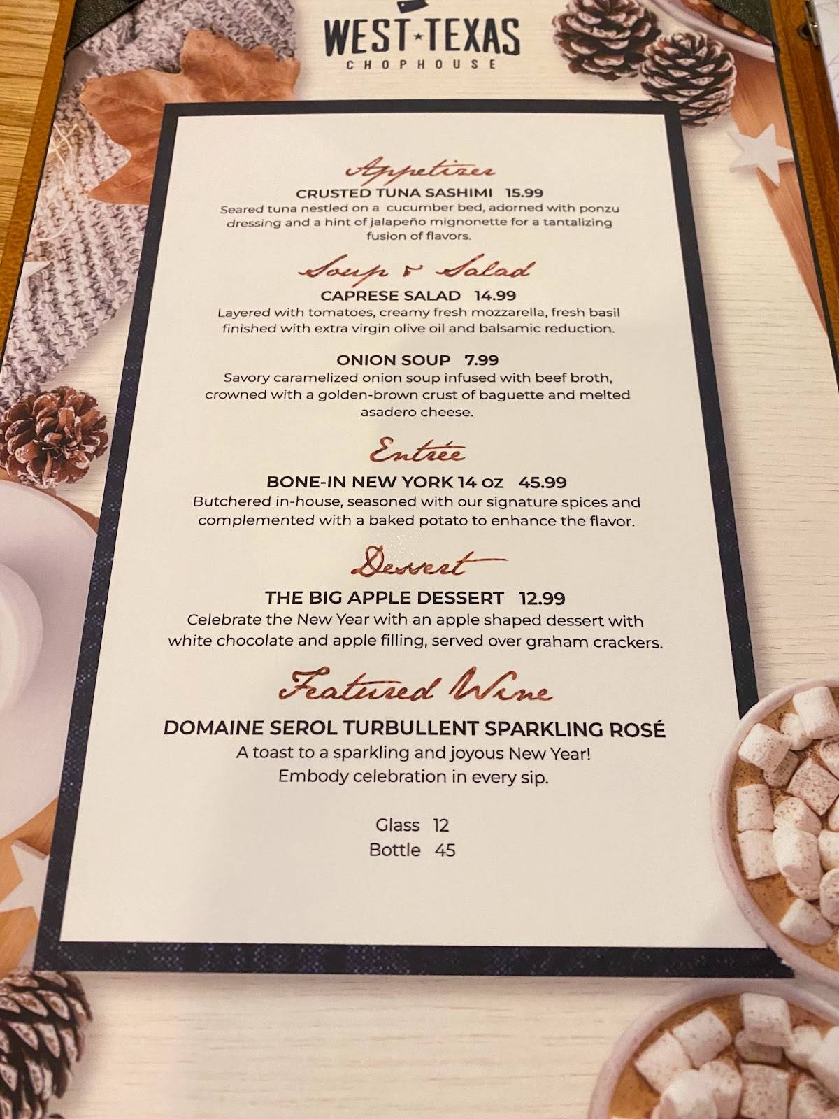 Menu at West Texas Chophouse steakhouse, El Paso