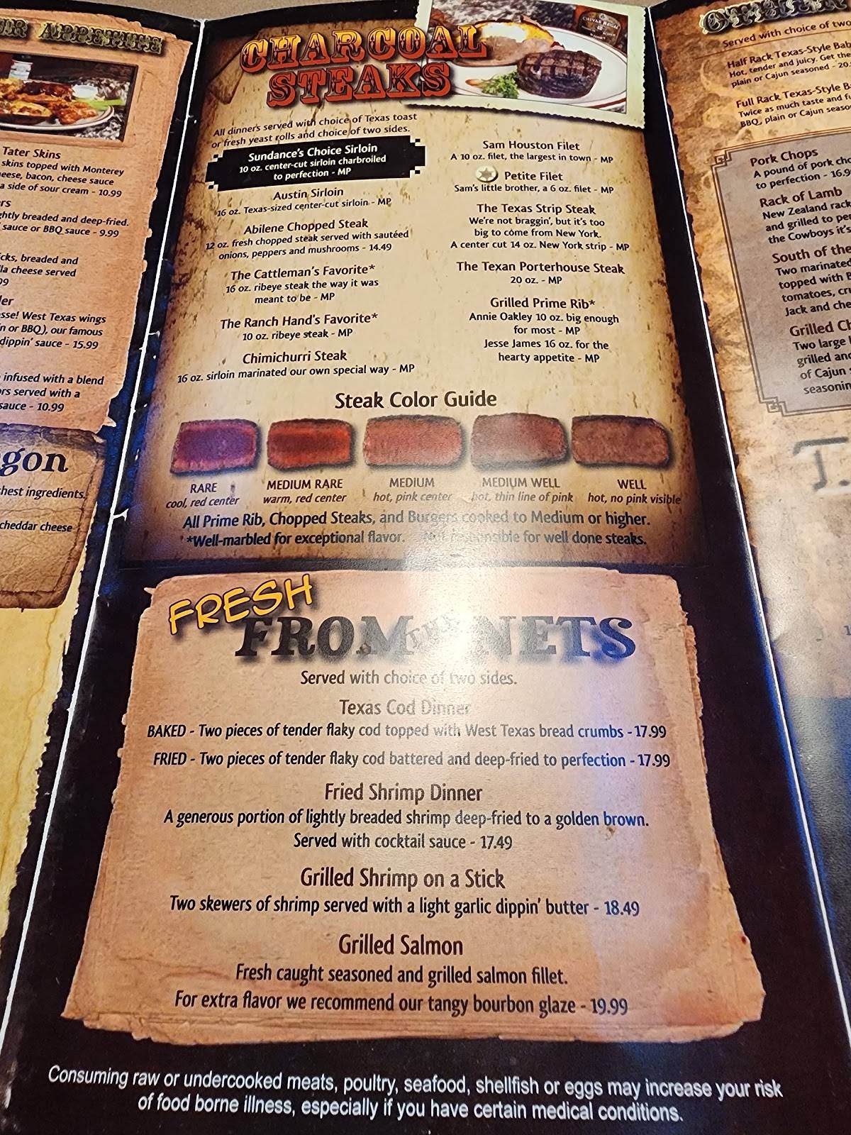 Menu at West Texas Roadhouse steakhouse, Saint Clairsville