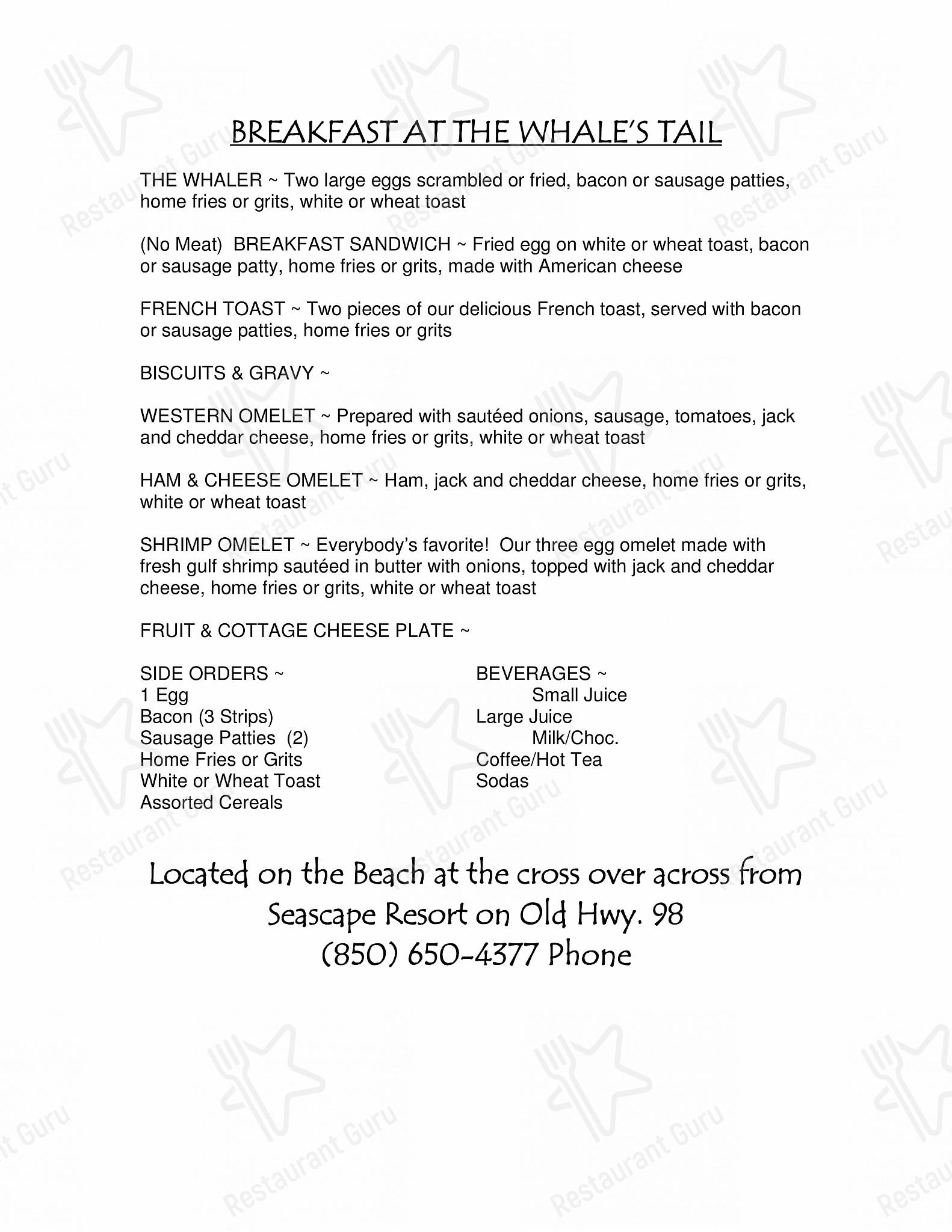 Menu at The Whale's Tail Beach Bar & Grill, Miramar Beach, Scenic Gulf Dr
