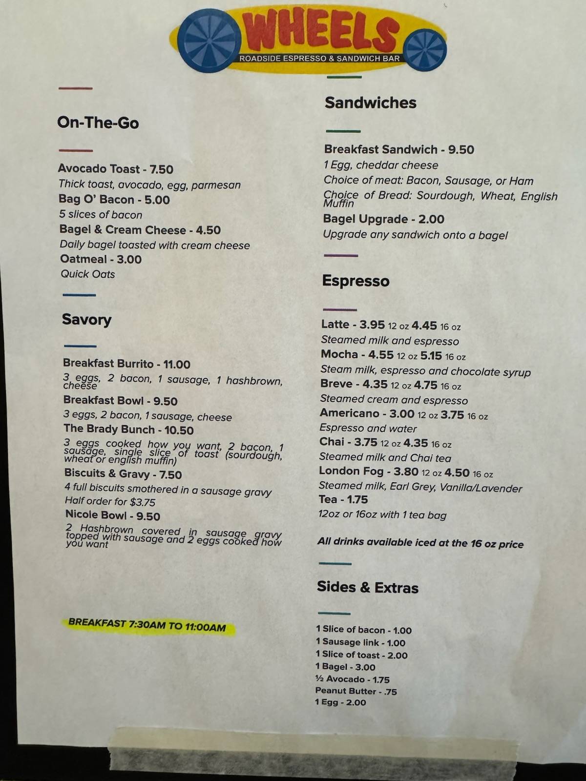 Menu at Wheels Cafe, Eugene, 846 Goodpasture Island Rd