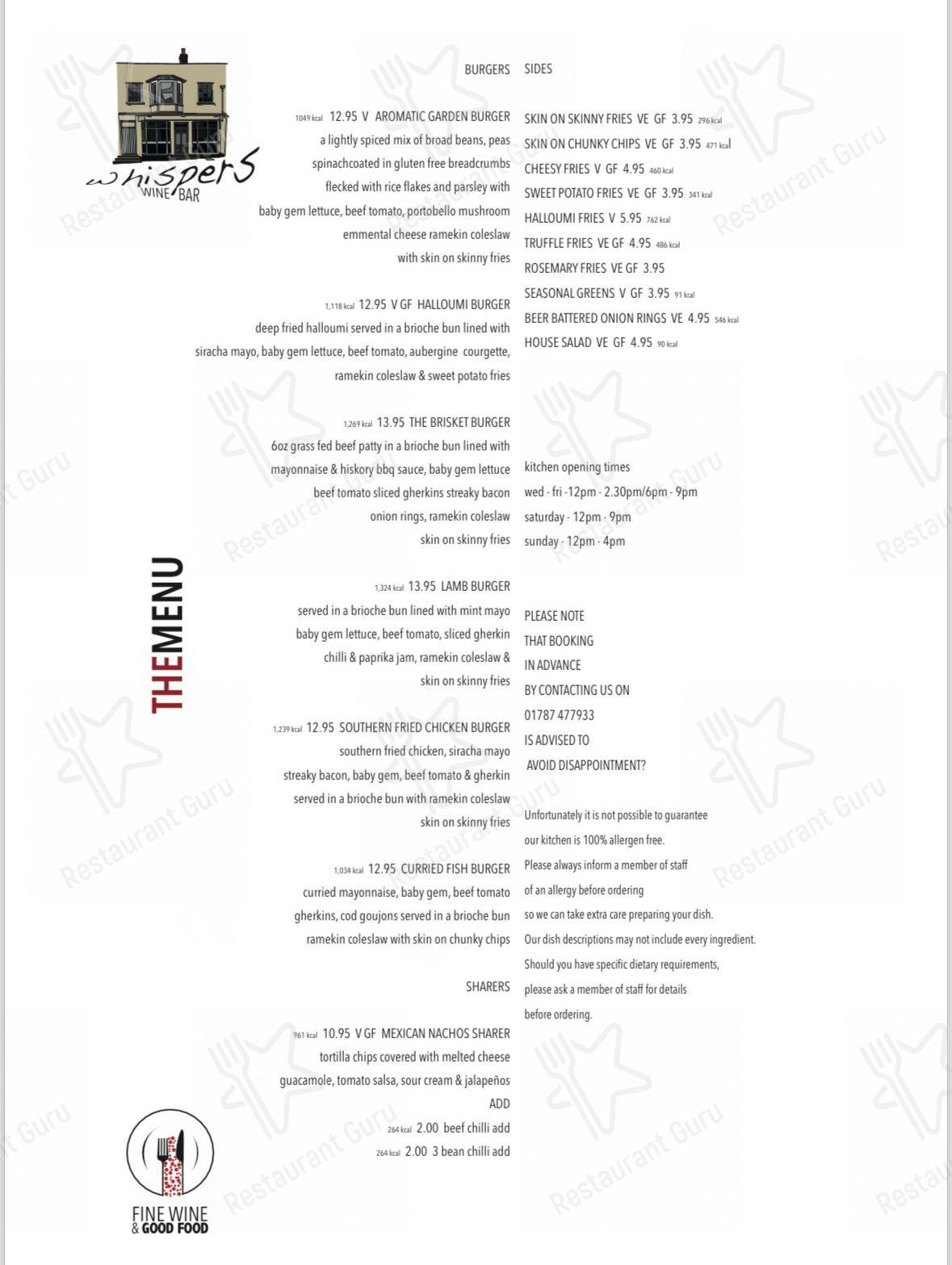 Menu at Whispers Wine Bar, Halstead