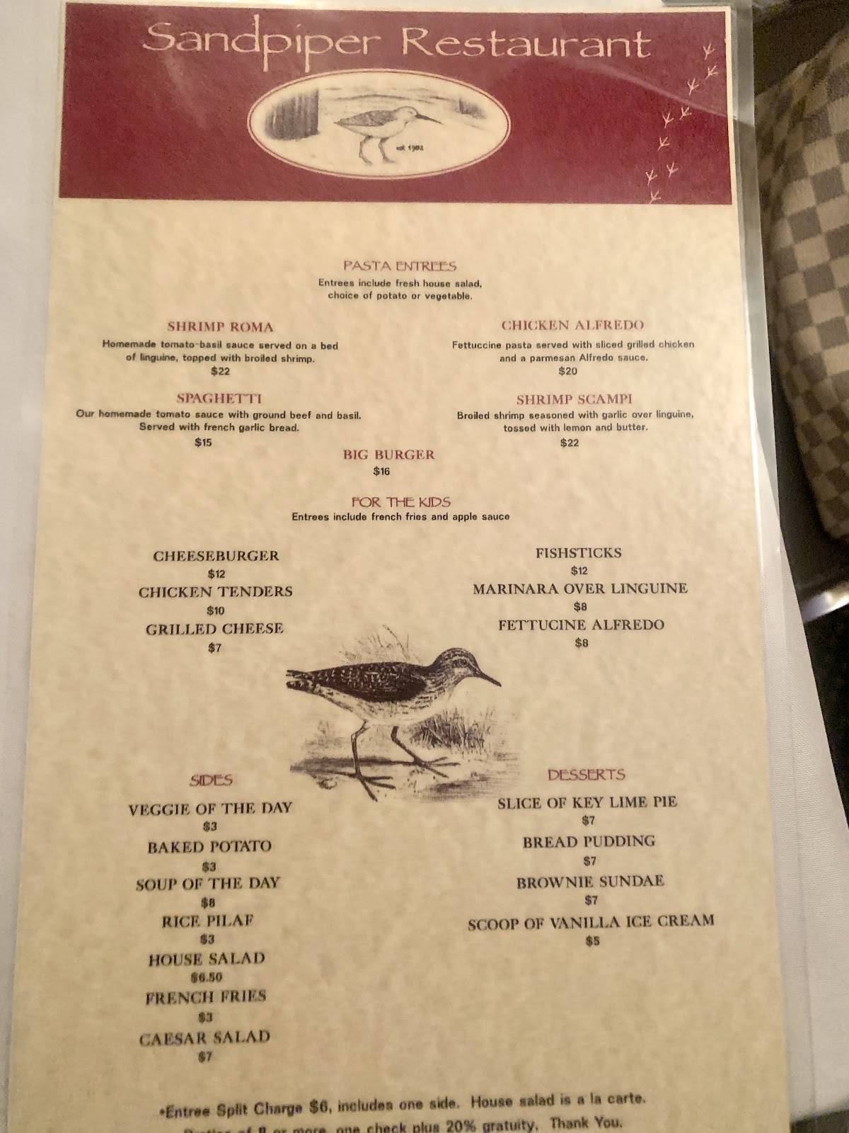 Menu at Sandpiper Restaurant, White Stone