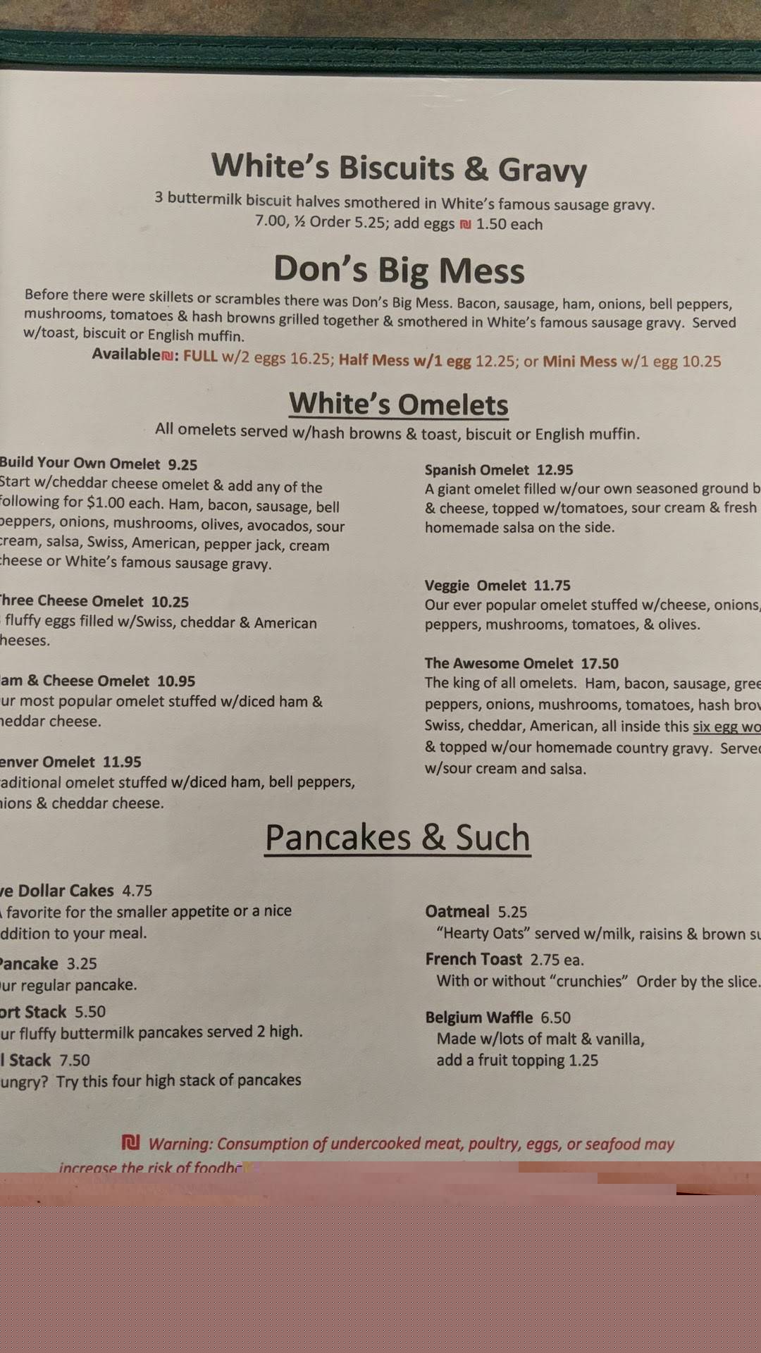 Menu at White's Restaurant, Salem