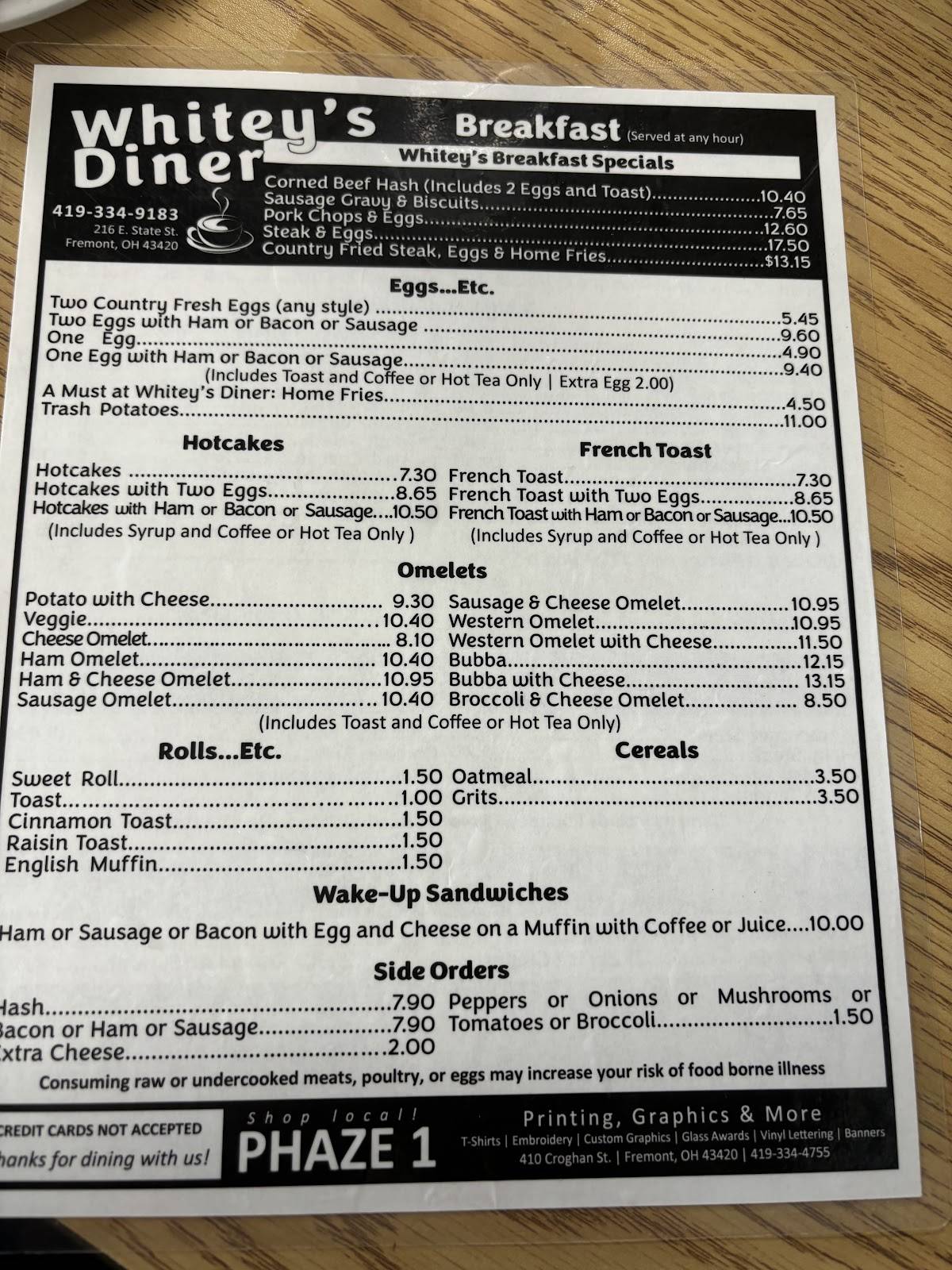 Menu at Whitey's Diner restaurant, Fremont