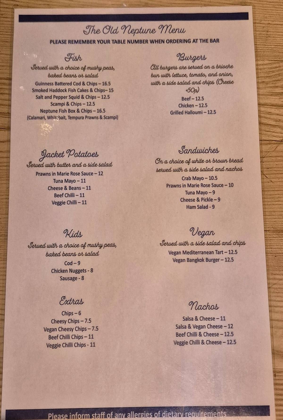 Menu at Old Neptune pub & bar, Whitstable