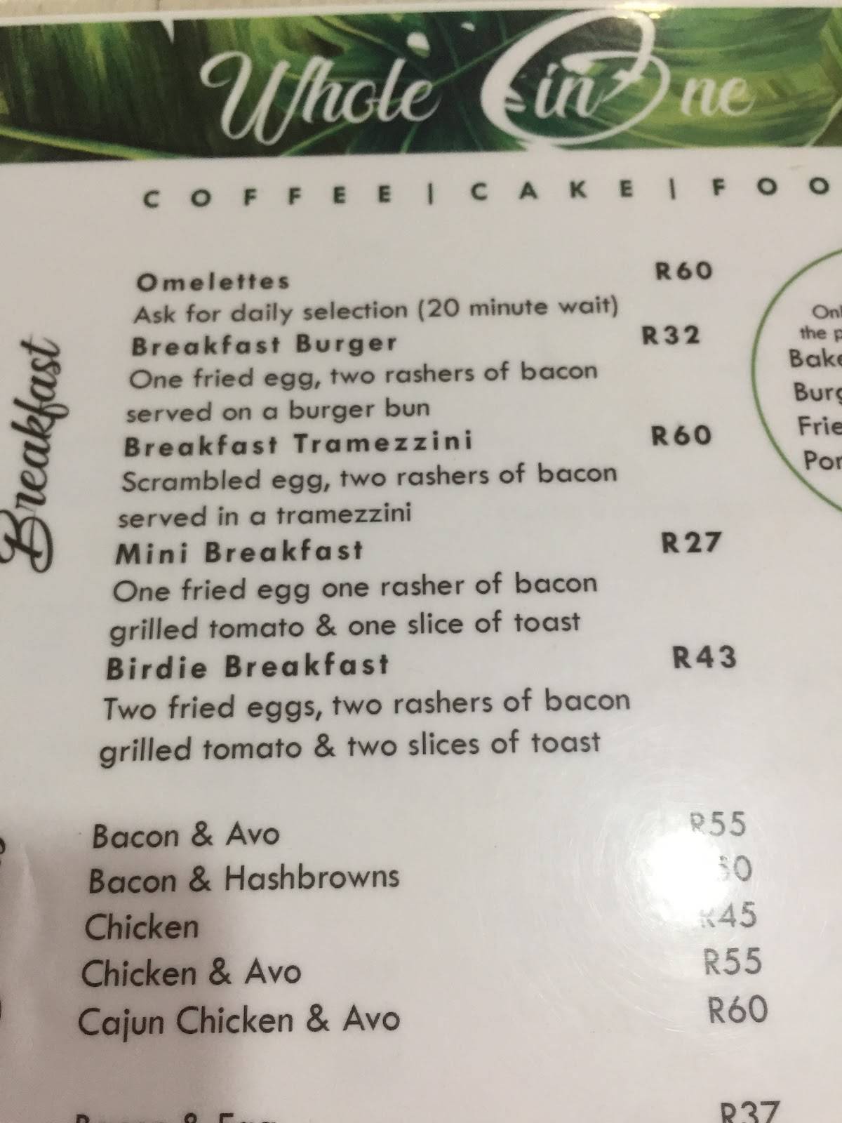 Menu at Whole In One restaurant, Bluff