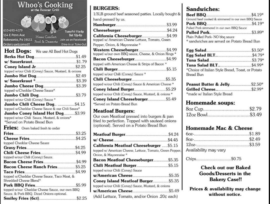 Menu at Whoo’s Cooking at the Boxcar Grill BBQ, Robesonia