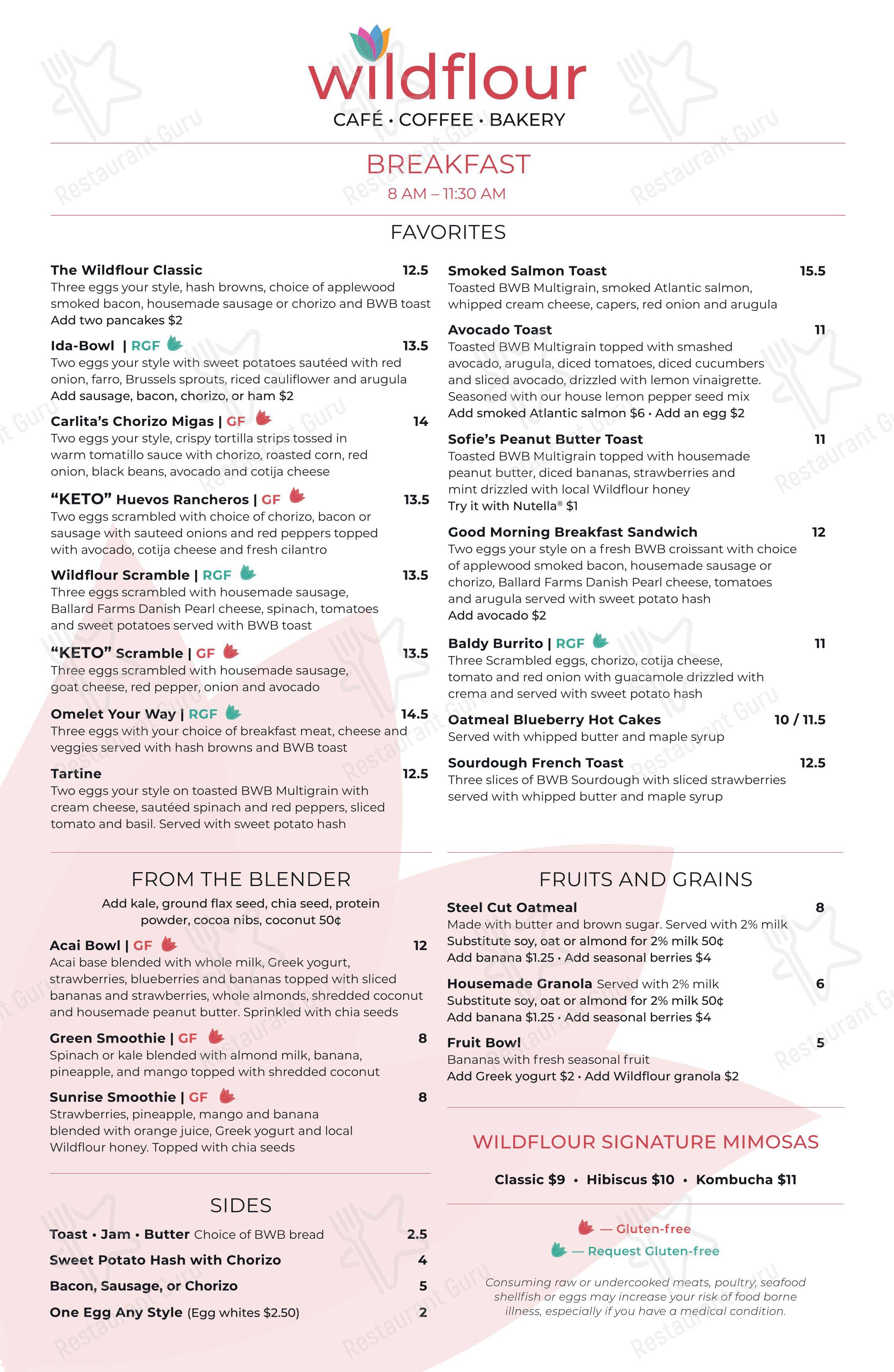 Menu at Wildflour Bakery, Garden City