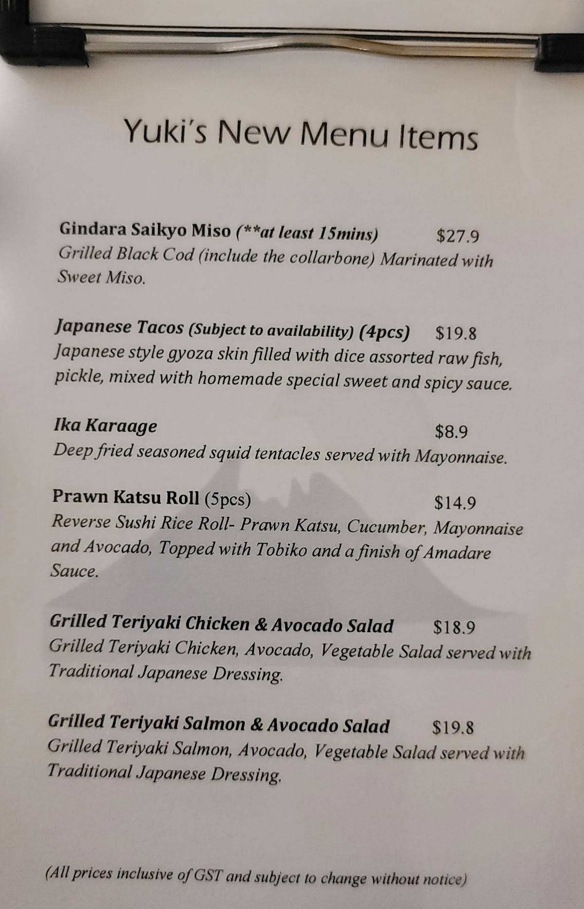 Menu at YUKI Japanese Restaurant, Willetton, 7/113 Collins Rd