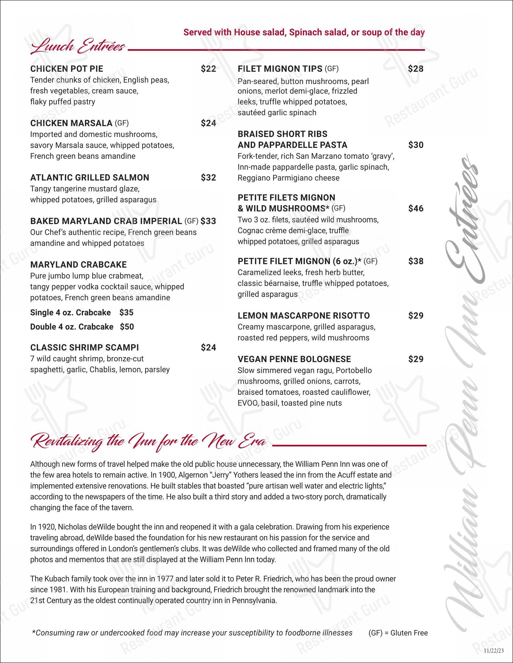 Menu at William Penn Inn restaurant, Gwynedd