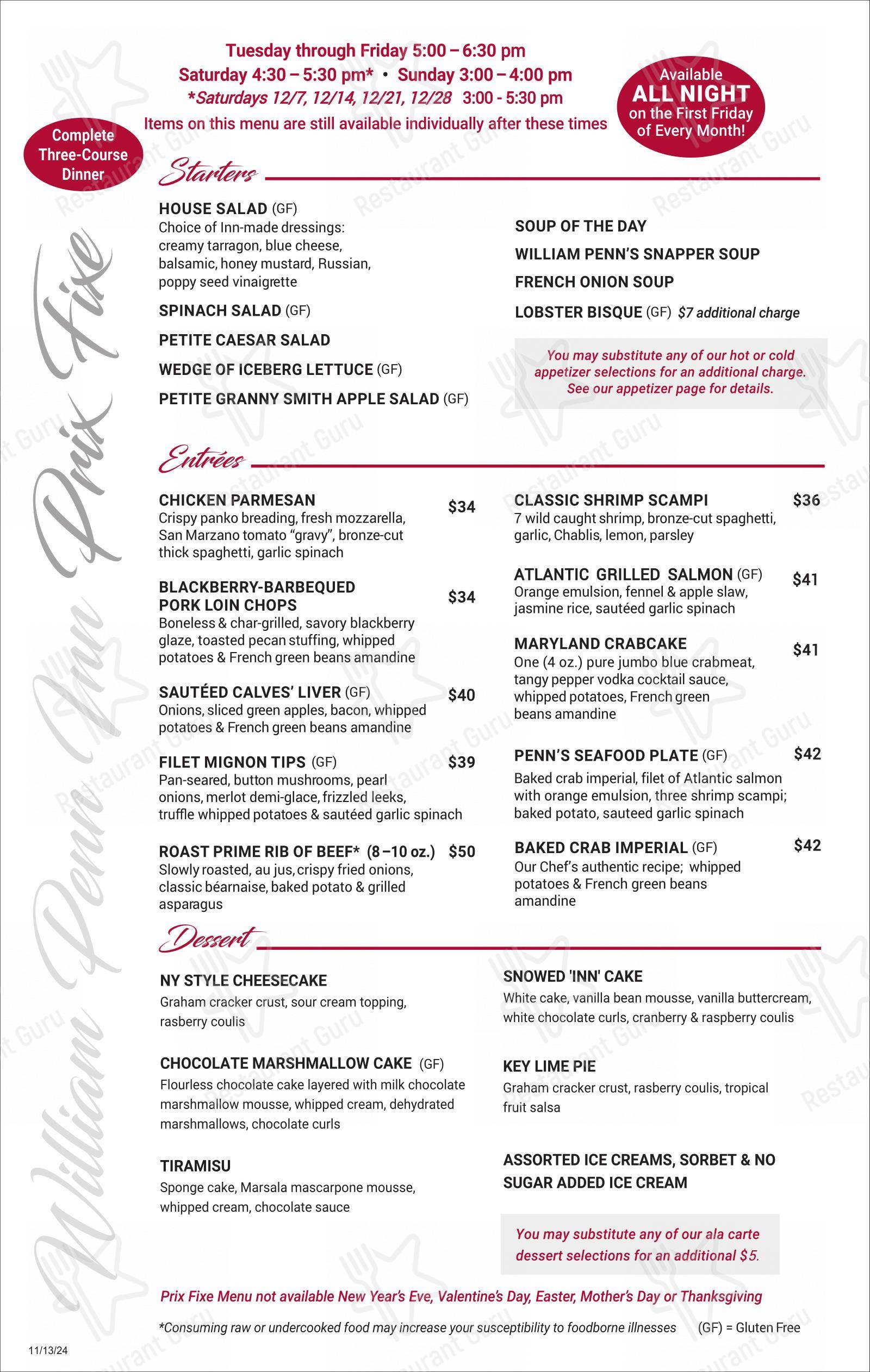 Menu at William Penn Inn restaurant, Gwynedd