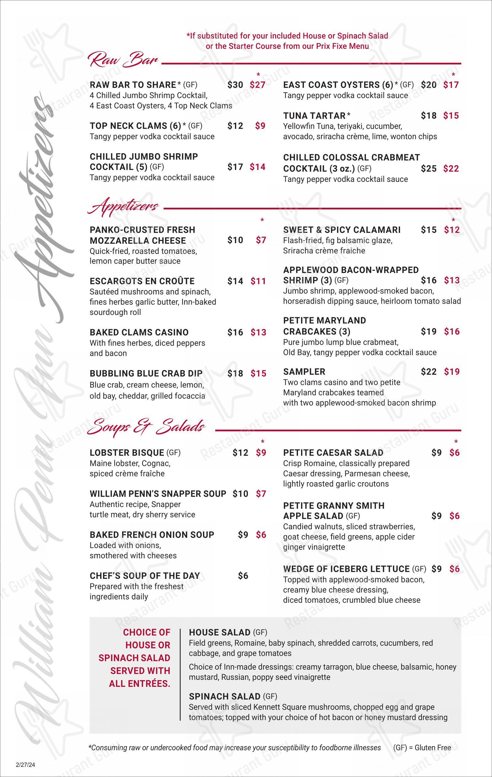 Menu at William Penn Inn restaurant, Gwynedd