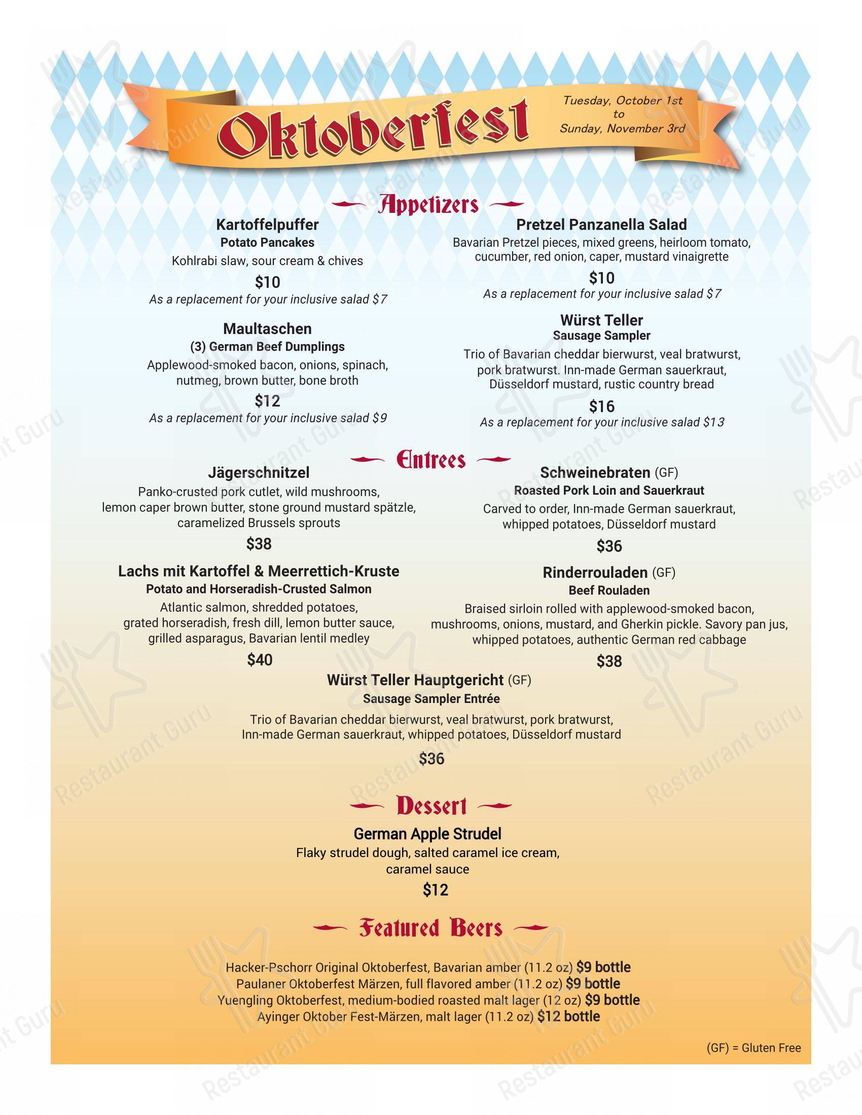 Menu at William Penn Inn restaurant, Gwynedd