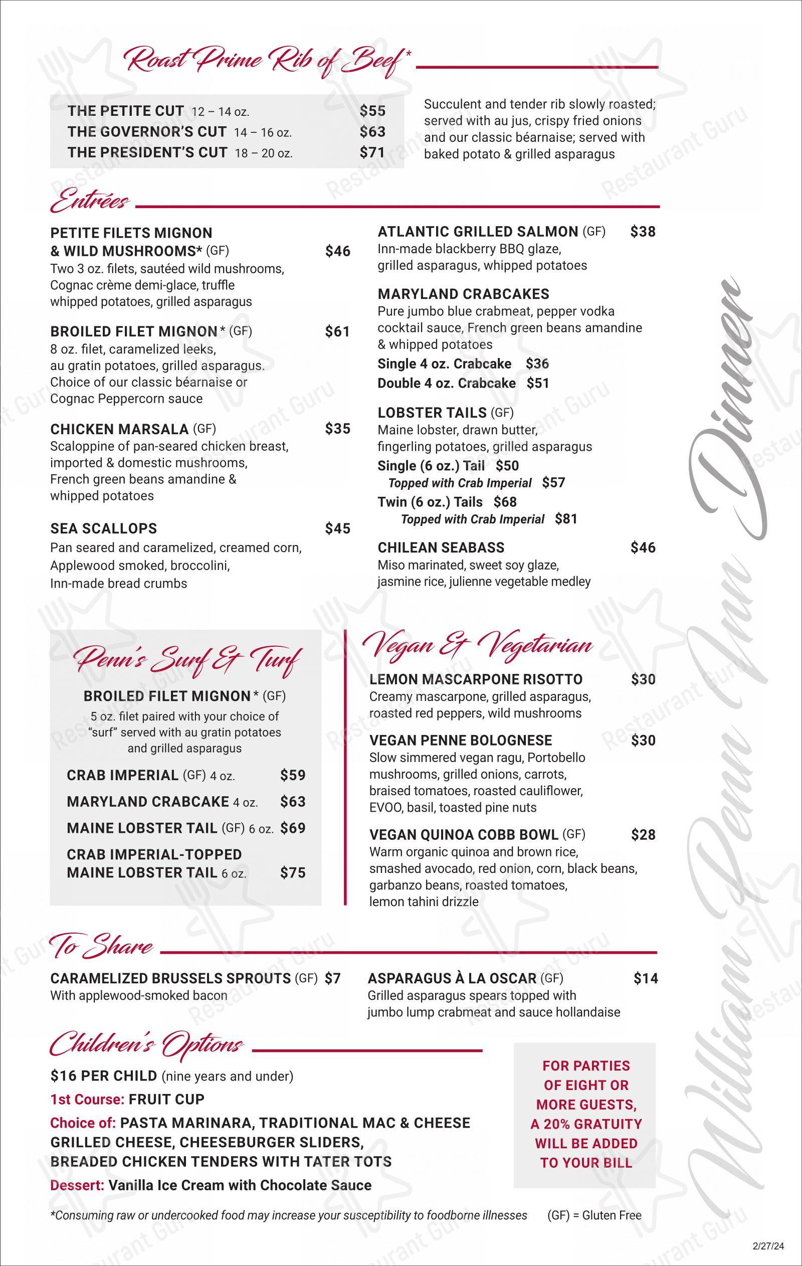Menu at William Penn Inn restaurant, Gwynedd