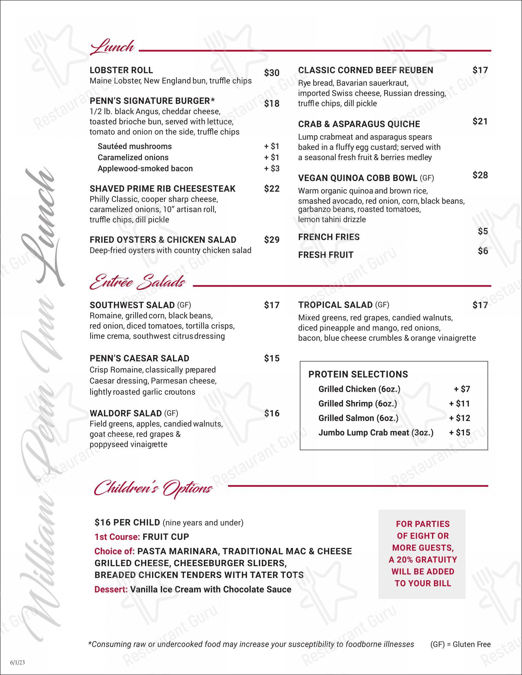 Menu at William Penn Inn restaurant, Gwynedd