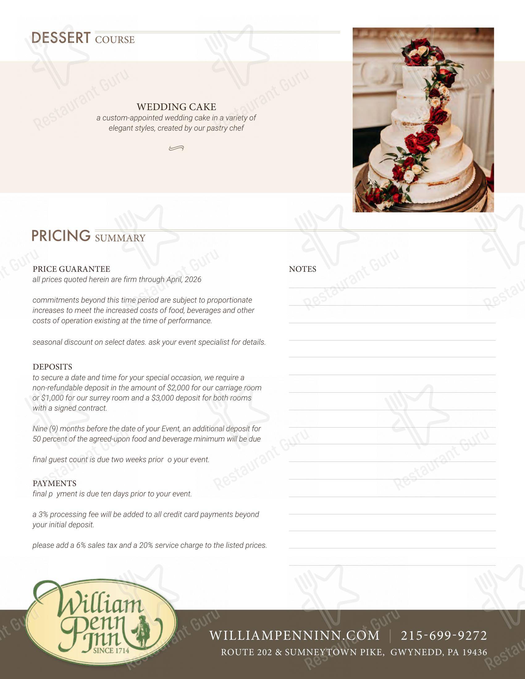 Menu at William Penn Inn restaurant, Gwynedd