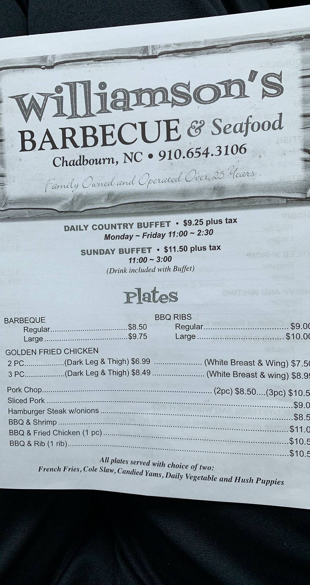 Menu at Williamson's Barbecue Restaurant, Chadbourn, N Brown St