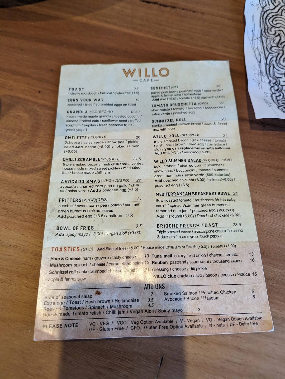 Menu at Willo Cafe, Kew