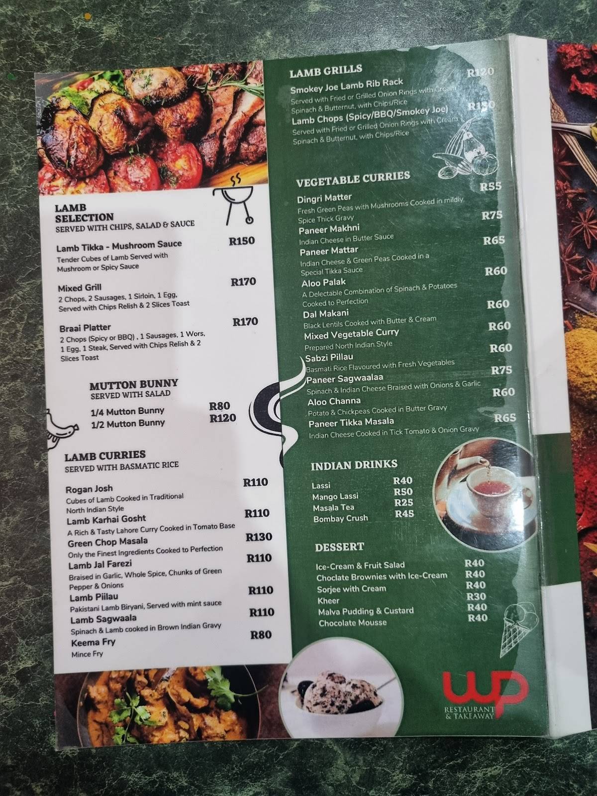 Menu au Willowton Palace restaurant, Pietermaritzburg
