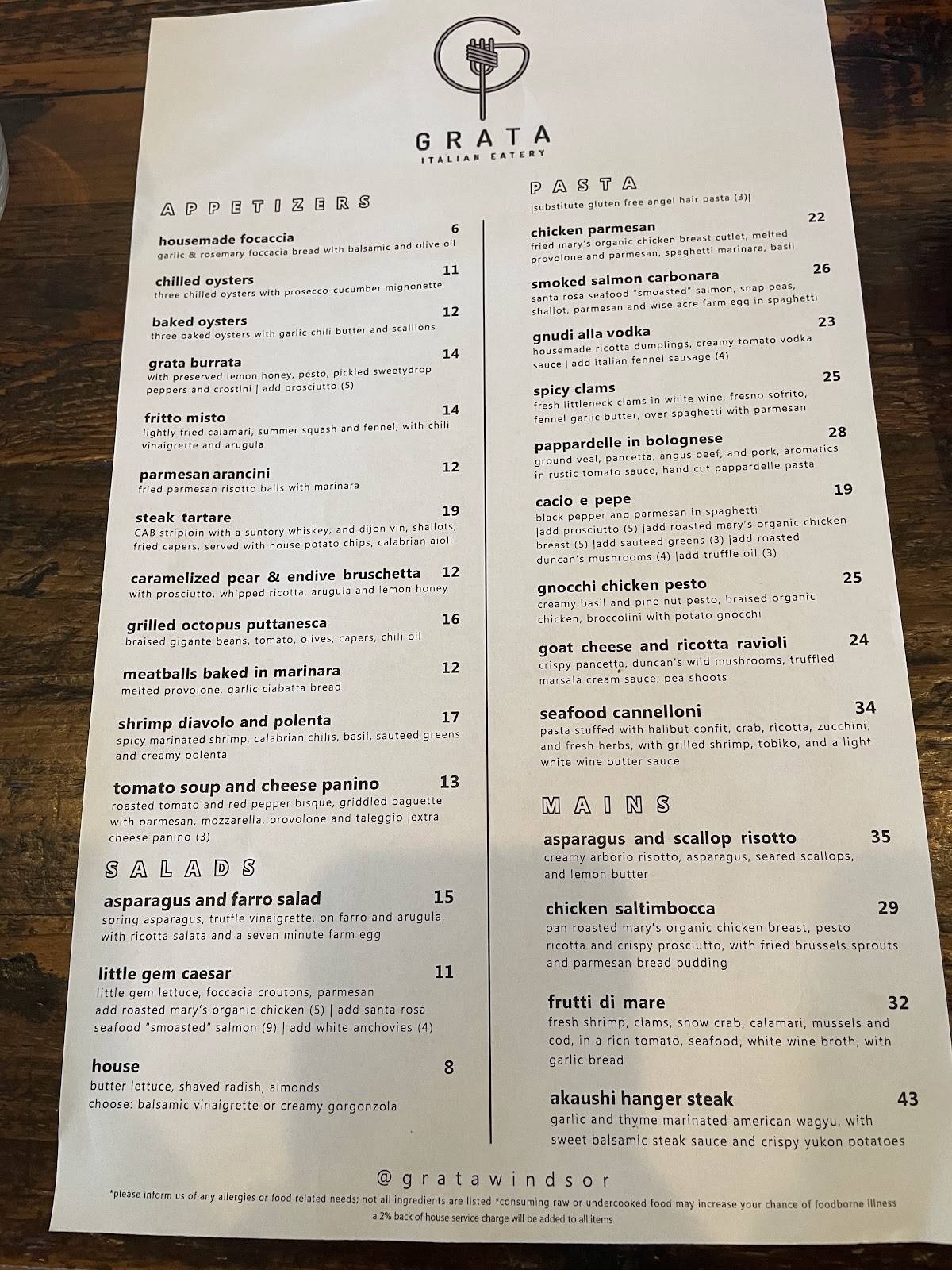 Menu at Grata Italian Eatery restaurant, Windsor
