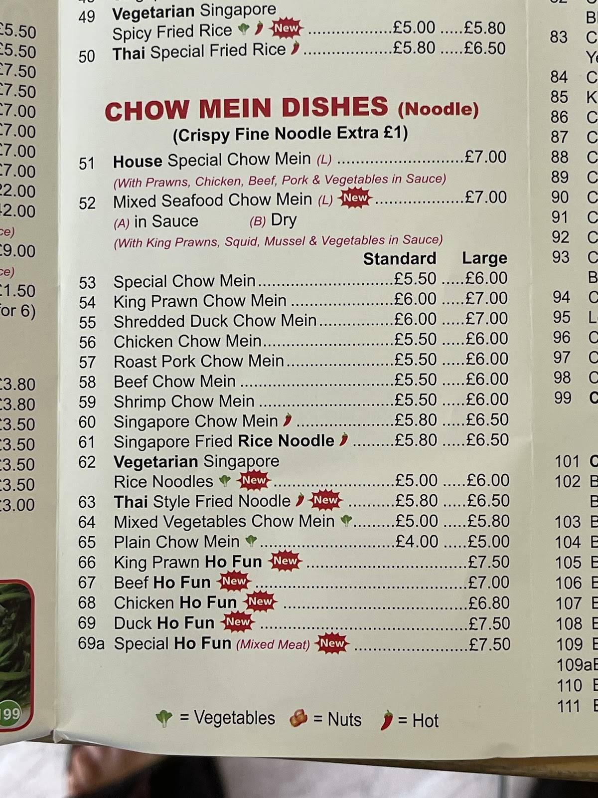 Carta del restaurante Wing Hing, Londres, 109 Whetstone Rd