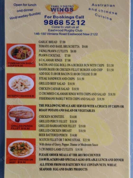 Menu at Wings club, Marsfield