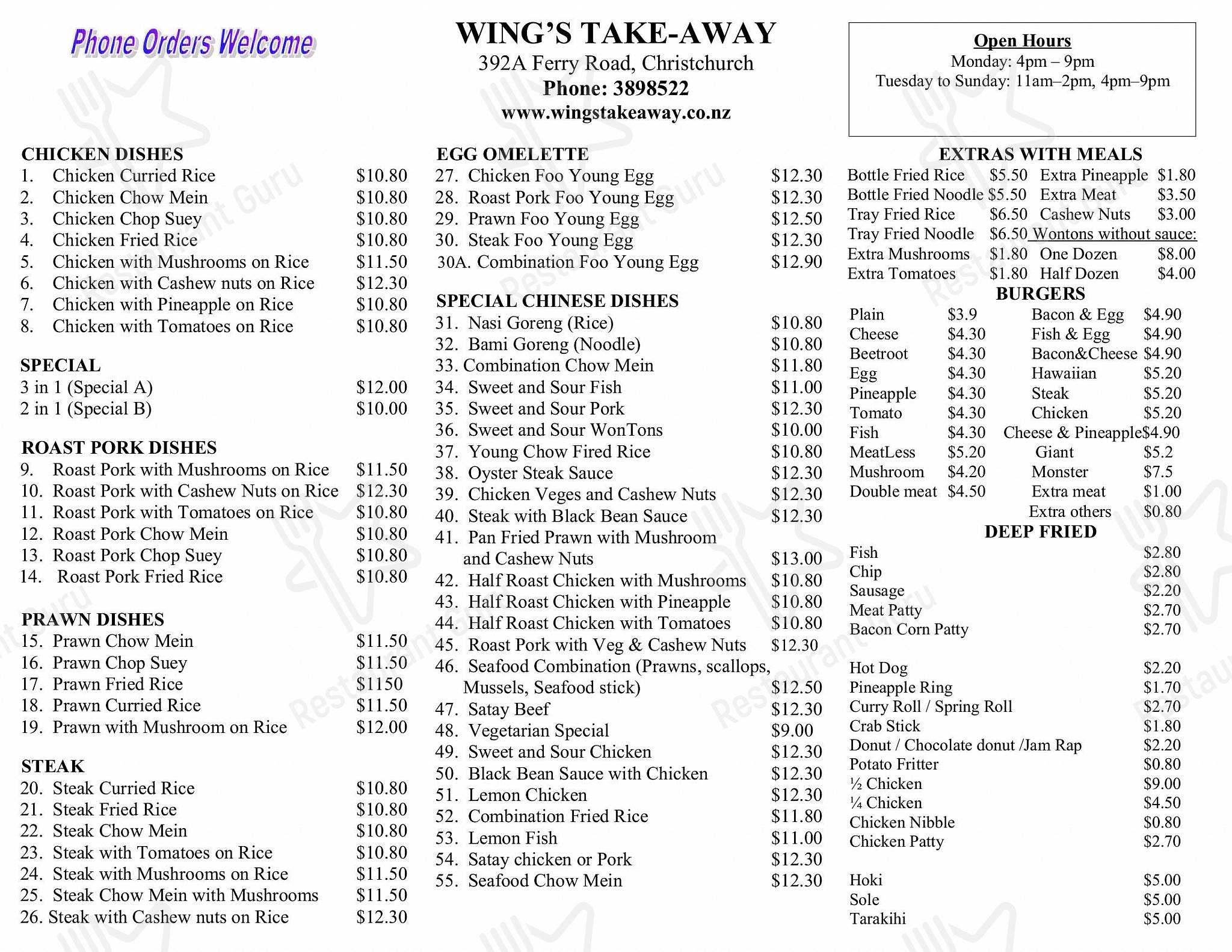 Menu at Wings Takeaways restaurant, Christchurch