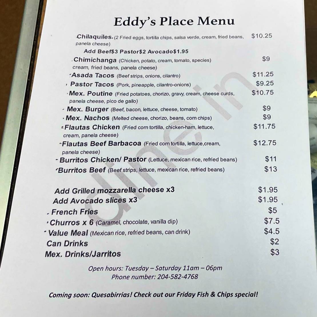 Menu at Eddy's Place restaurant, Winnipeg
