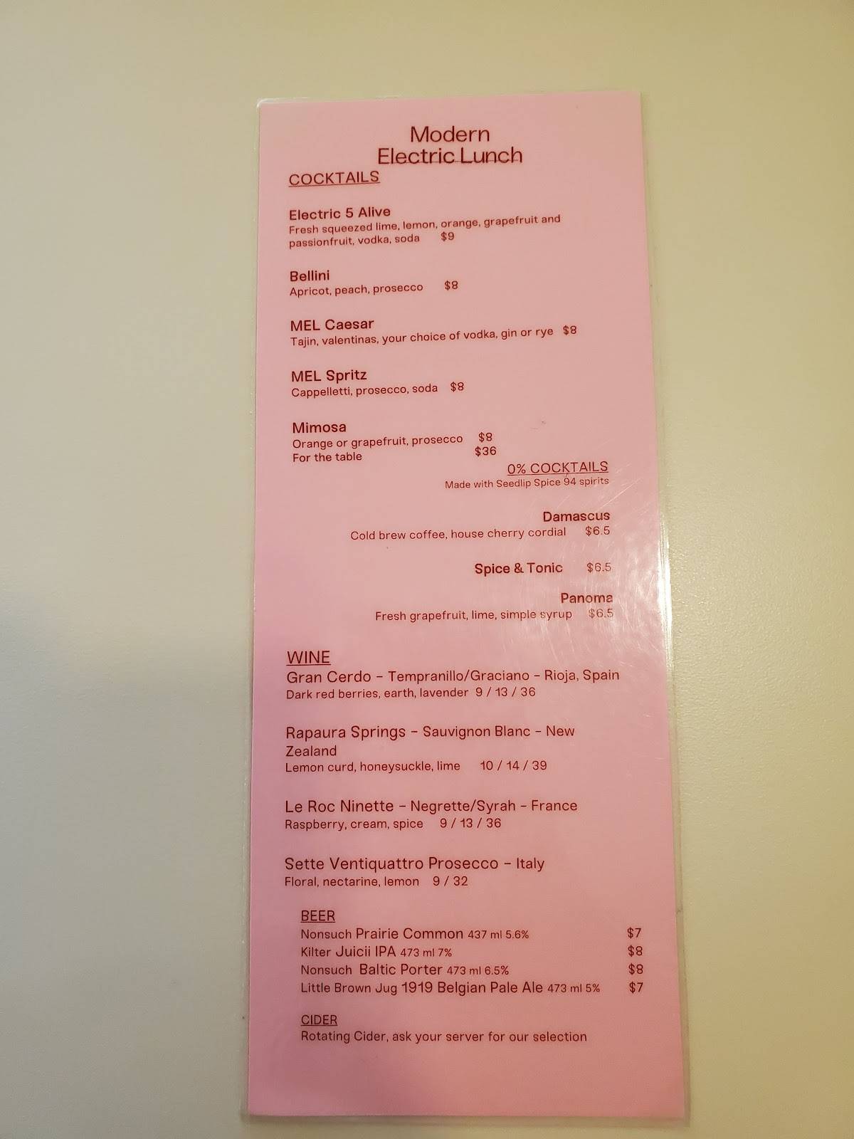 Menu au Modern Electric Lunch café, Winnipeg
