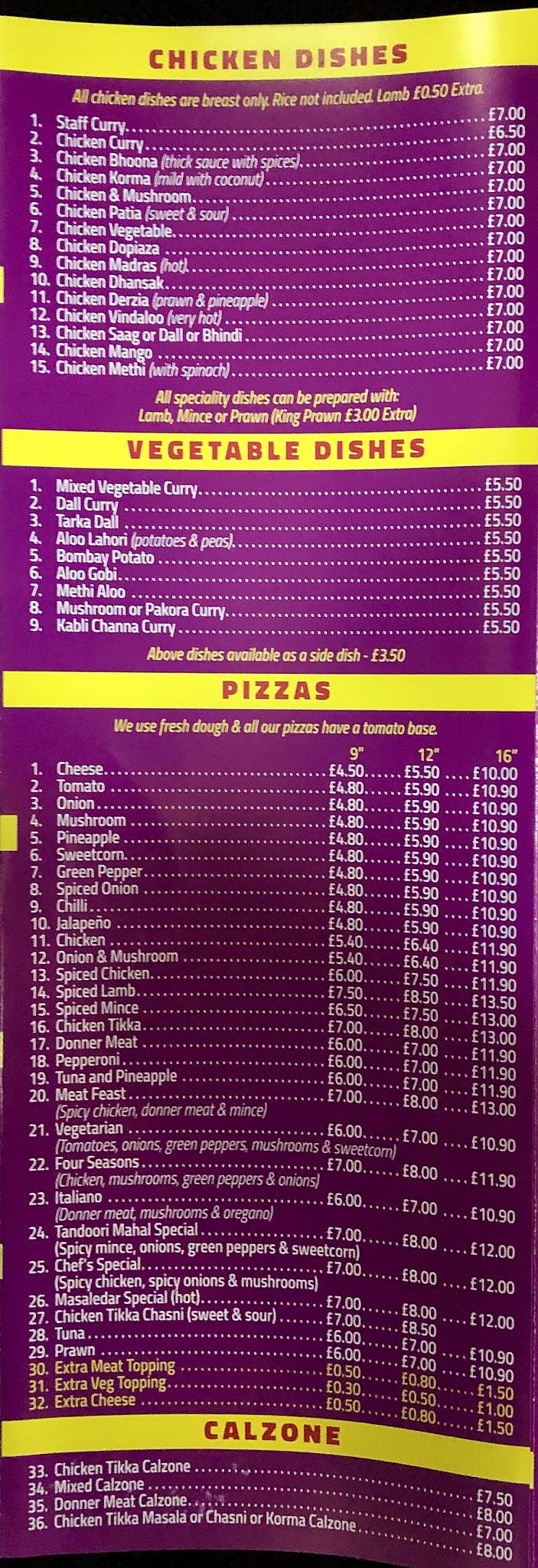 Menu at Tandoori Mahal restaurant, Wishaw