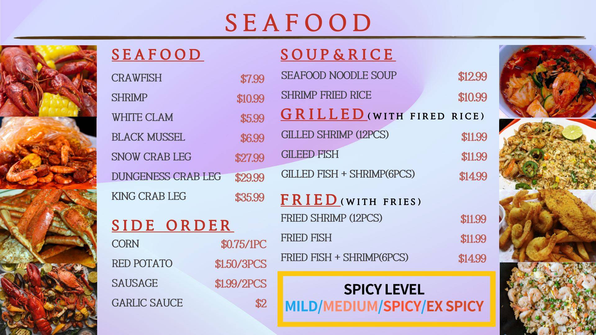 Menu at WoW Chicken & Crawfish restaurant, San Antonio