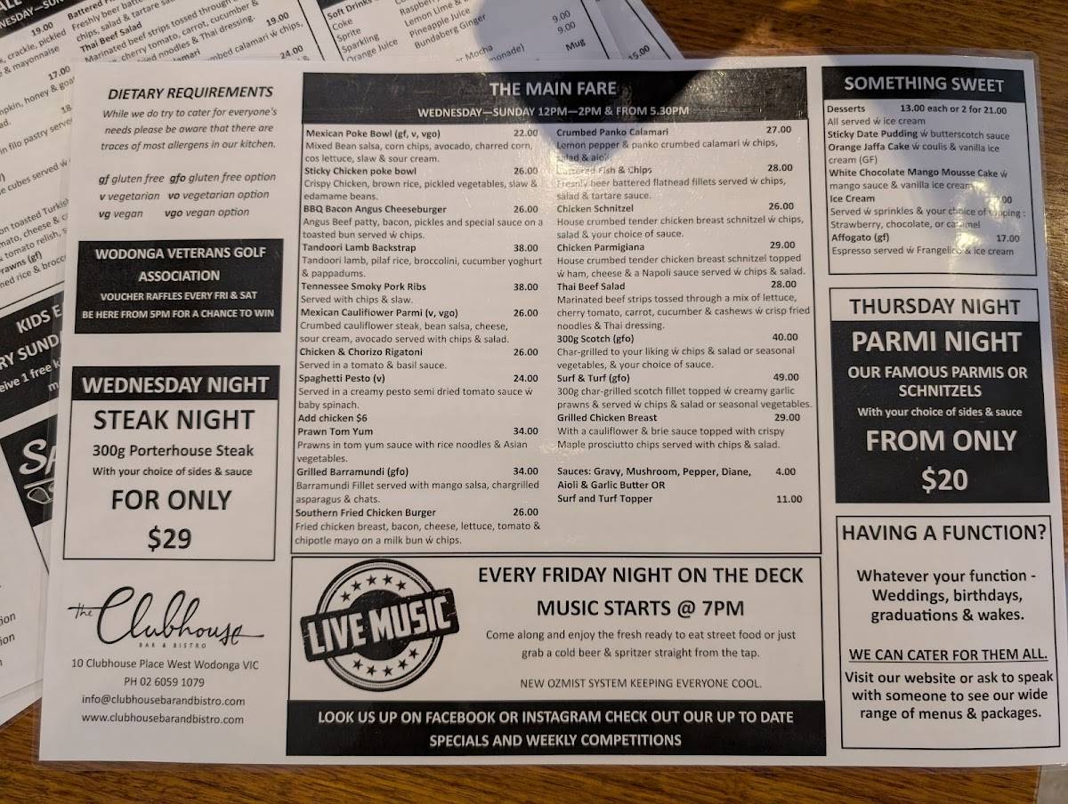 Menu at Wodonga Golf Club Clubhouse Bar & Bistro, West Wodonga