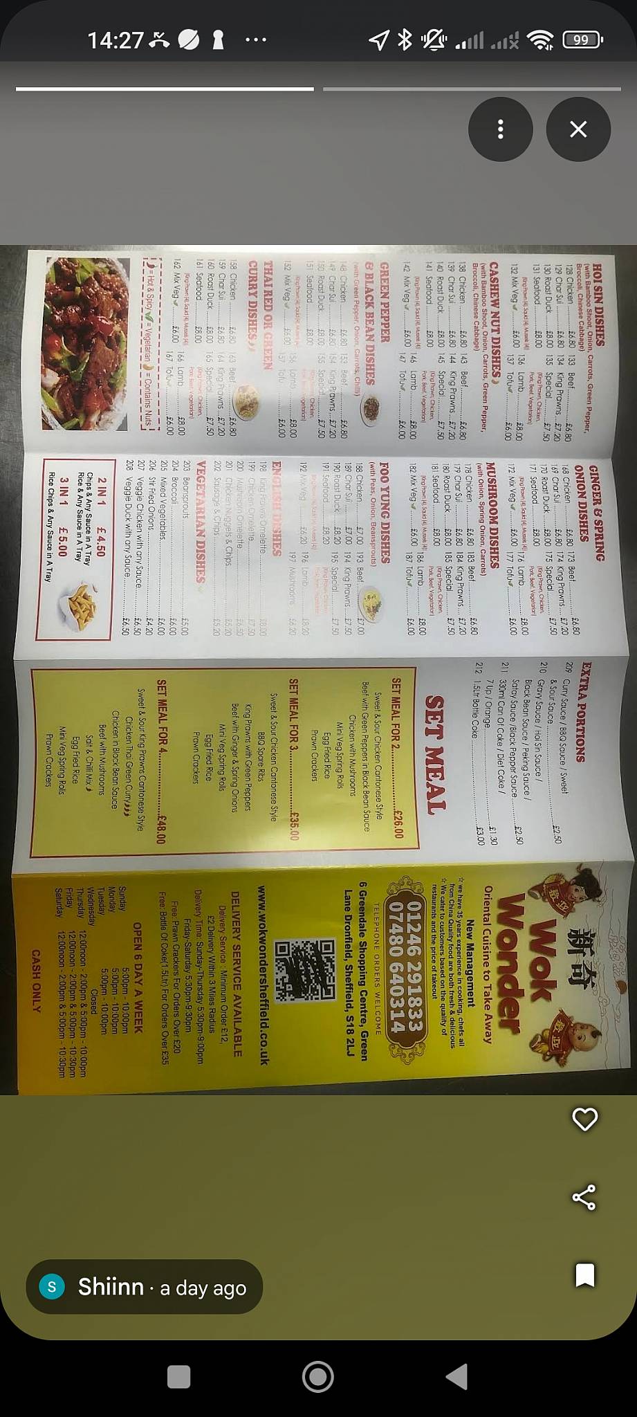 Menu at Wok Wonder fast food, Dronfield