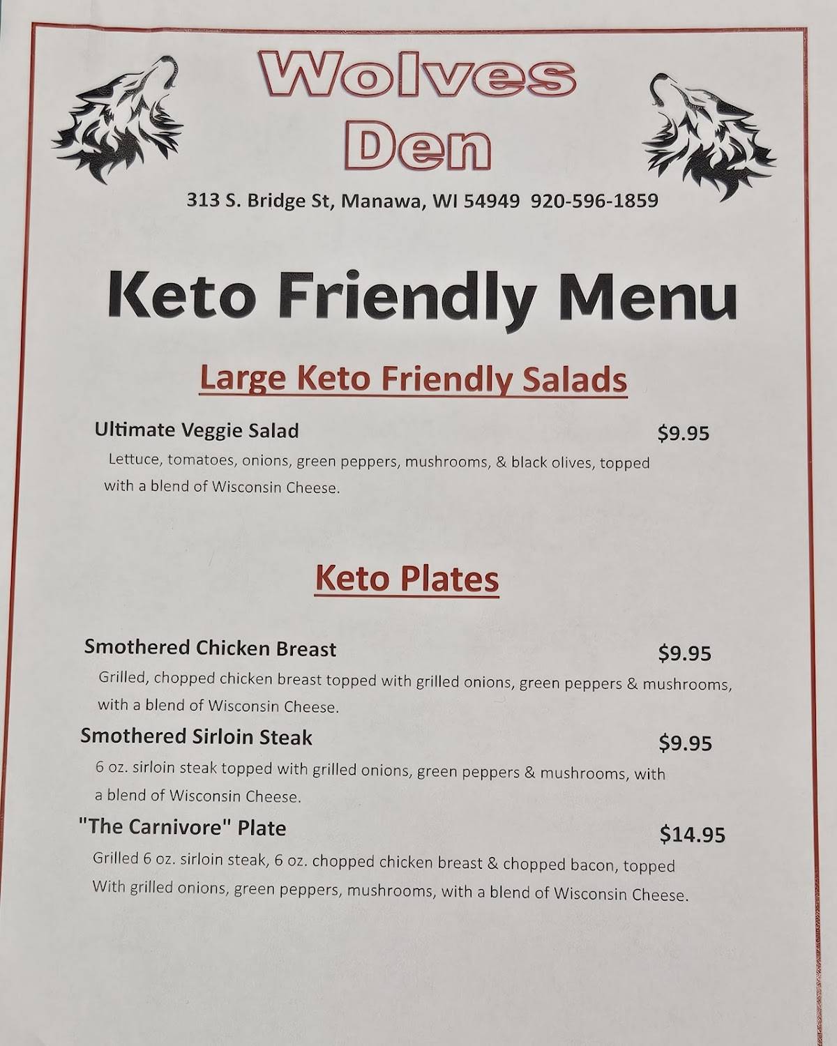 Menu at Wolves Den Bar & Grill, Manawa