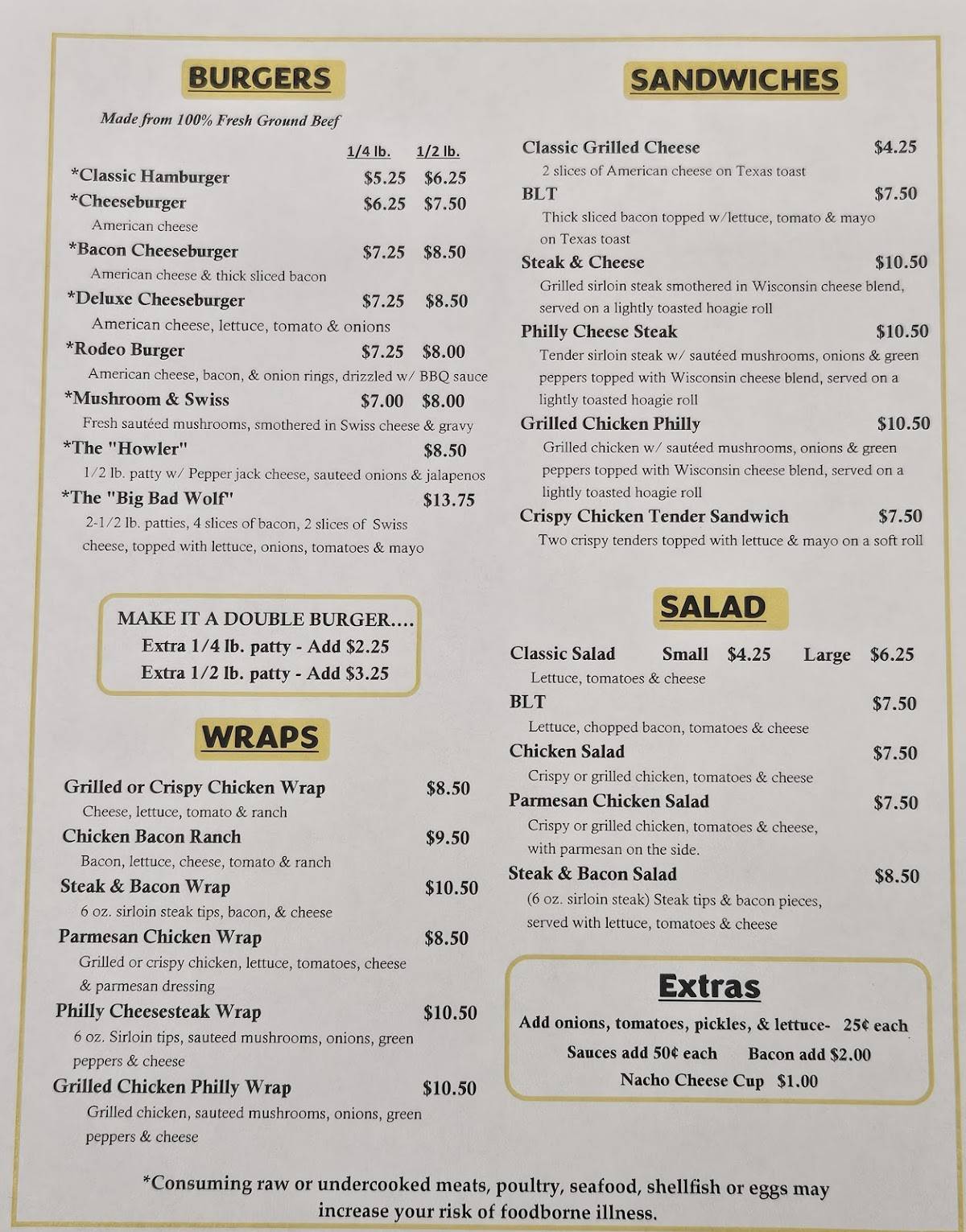 Menu at Wolves Den Bar & Grill, Manawa